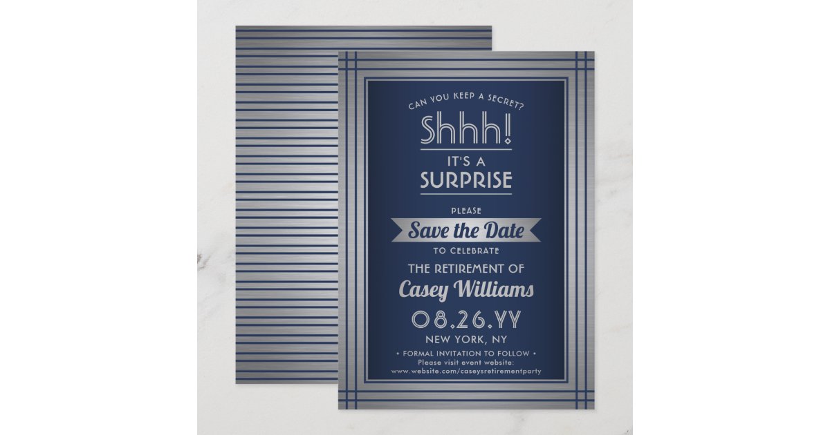 Shhh! Surprise Retirement Party Elegant Navy Blue Save The Date | Zazzle