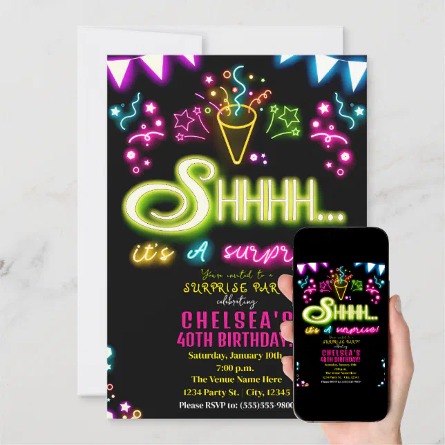 Shhhh It's A Surprise Party Neon Confetti Birthday Invitation | Zazzle