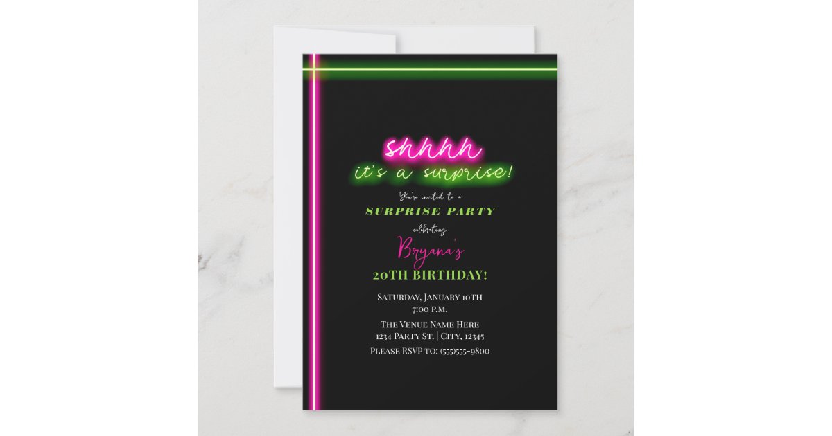 Shhhh It's A Surprise Party Neon Pink Green Light Invitation | Zazzle