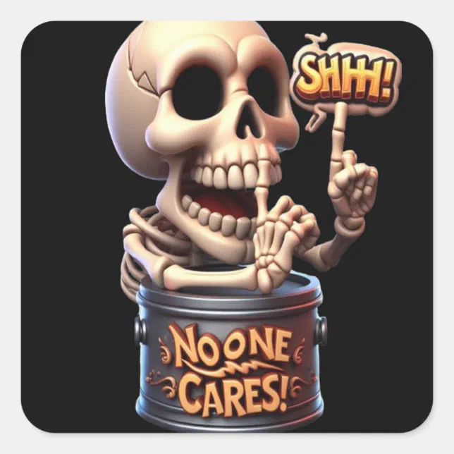 SHHHH... No One Cares Skeleton Barrel Guardian Square Sticker | Zazzle