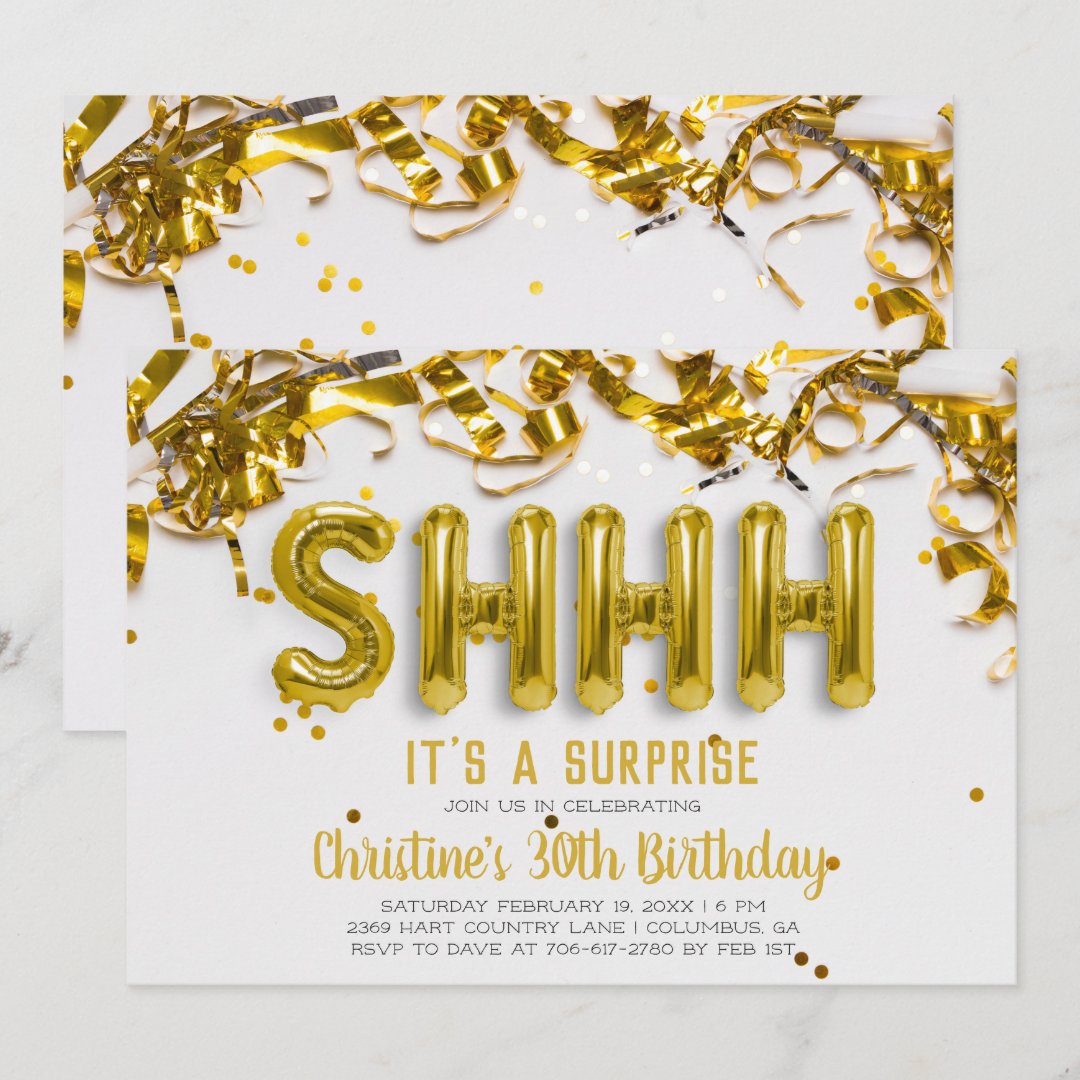 Shhhh Surprise Party Invitation | Gold Balloons | Zazzle