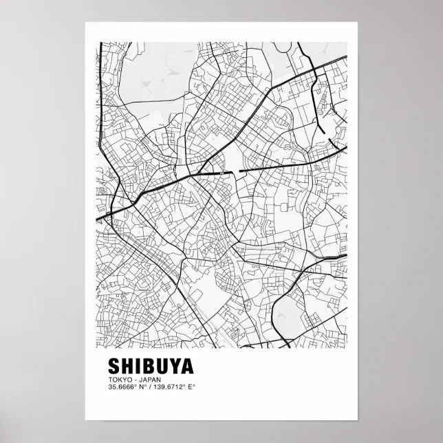 Shibuya Map Poster - Tokyo White Map | Zazzle