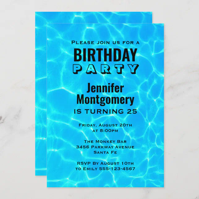 Shimmering Blue Pool Water Reflections Birthday Invitation | Zazzle