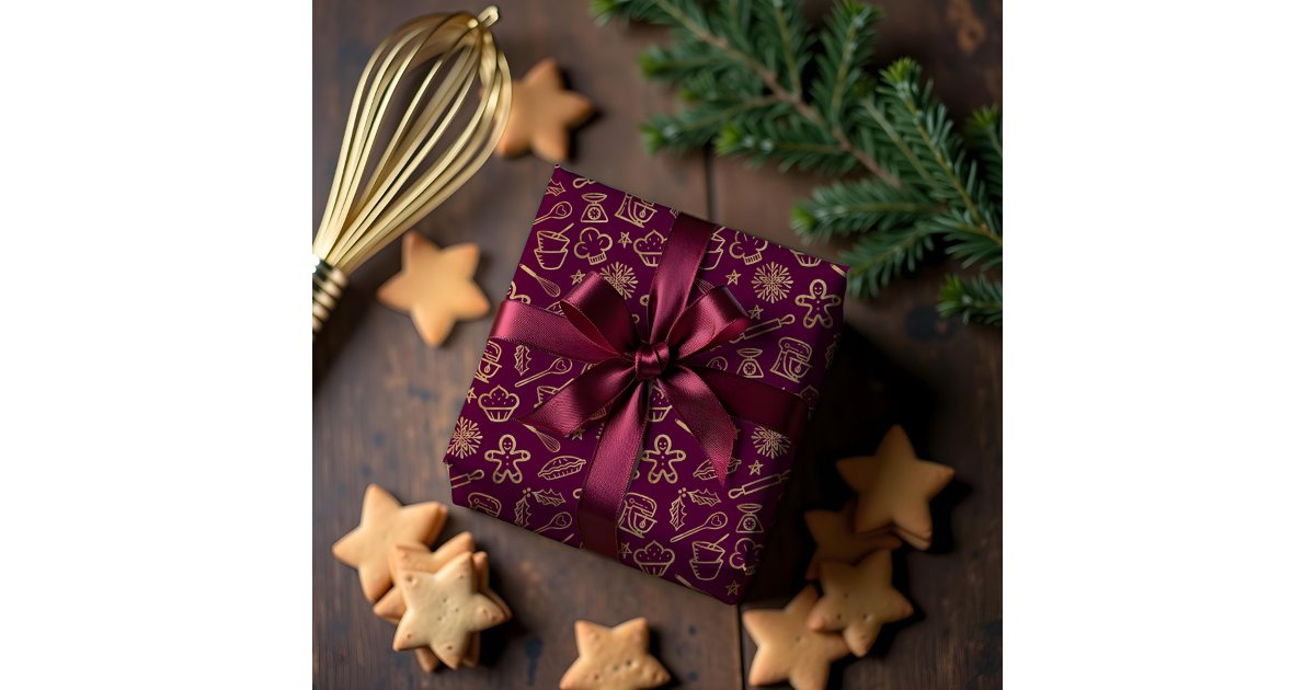 Shimmering Gold & Red Christmas Baking Pattern Wrapping Paper | Zazzle