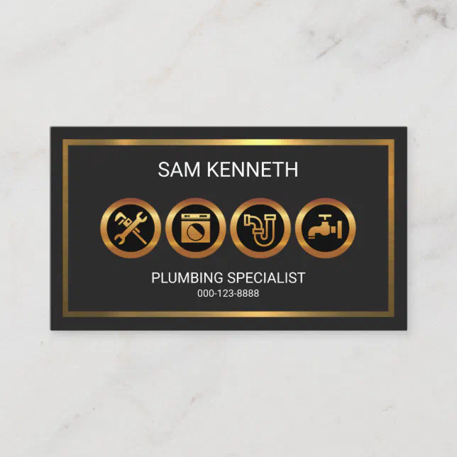 Shimmering Luminous Gold Borders Plumber Business Card | Zazzle