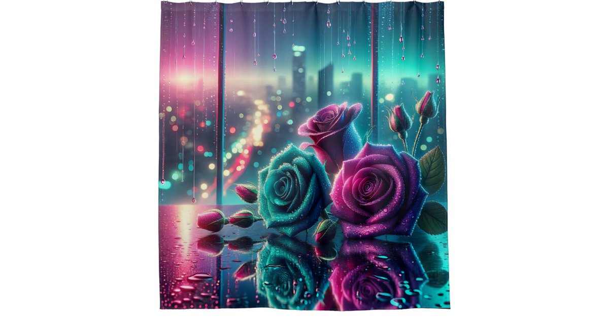 “Shimmering Raindrop Rose Cityscape Bokeh Art” Shower Curtain | Zazzle
