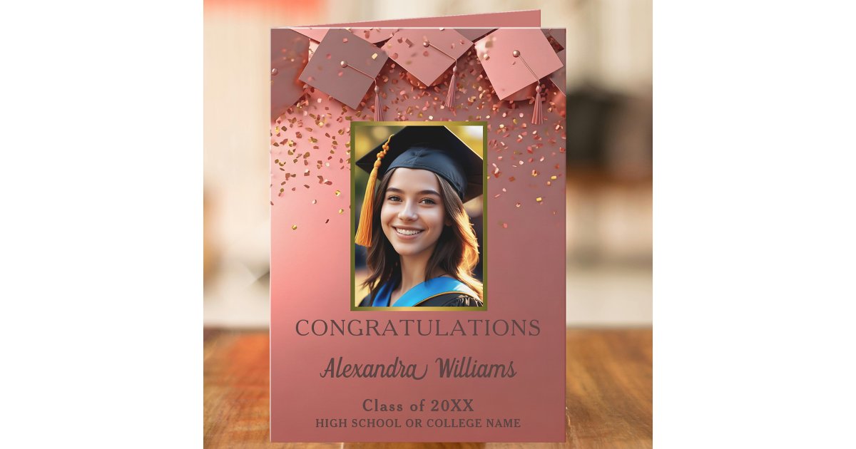Shimmering Rose Gold Graduation Caps and Photo Card | Zazzle