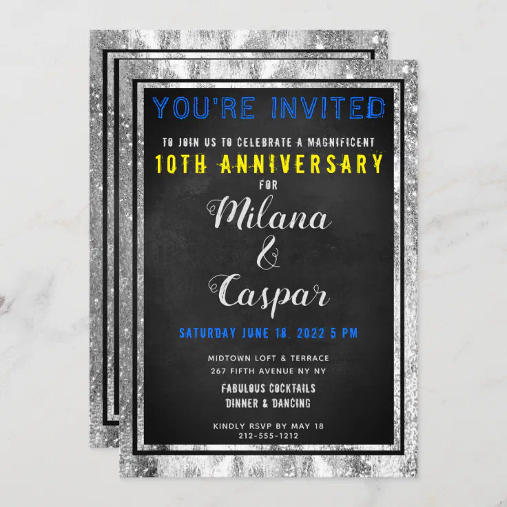 Shimmering Silver Frame Chalkboard Anniversary Invitation | Zazzle