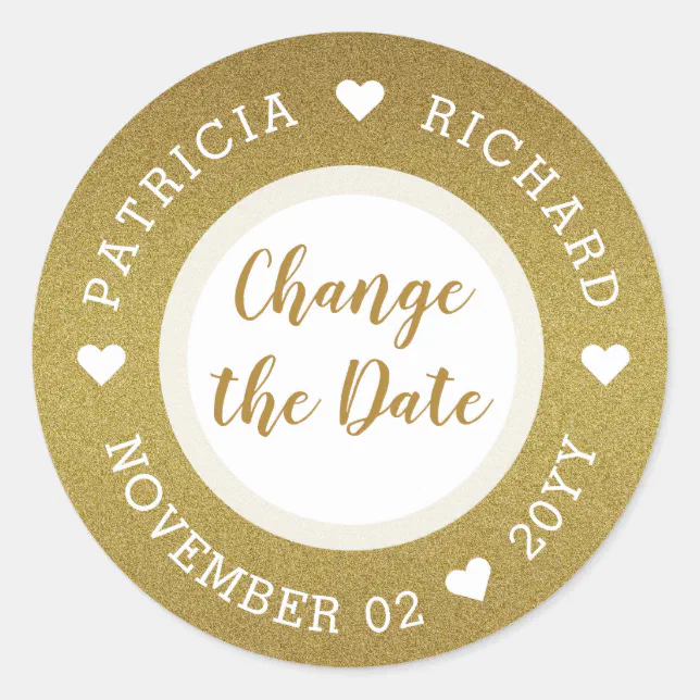 Shimmery Gold Glitter Wedding Change The Date Classic Round Sticker ...