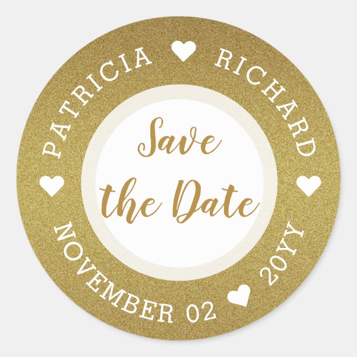 Shimmery Gold Glitter Wedding Save The Date Classic Round Sticker | Zazzle