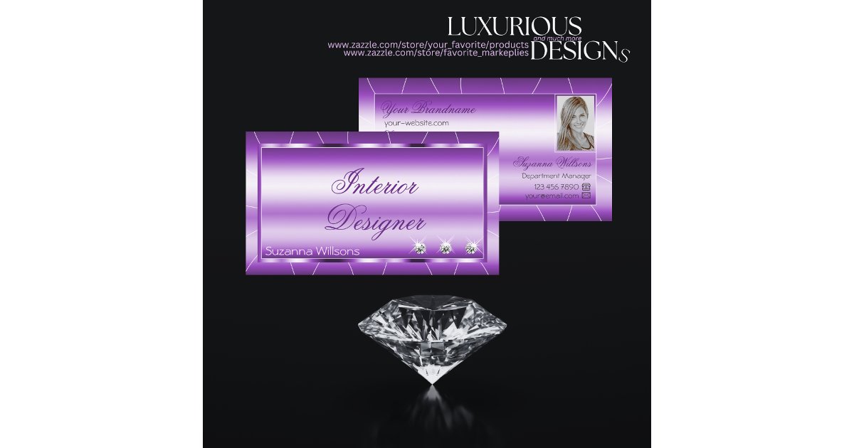 Shimmery Royal Purple with Diamonds and Photo Luxe Business Card | Zazzle