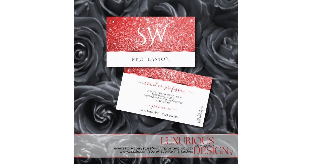 Shimmery Ruby Red Glitter Sparkle Stars Initials Business Card | Zazzle