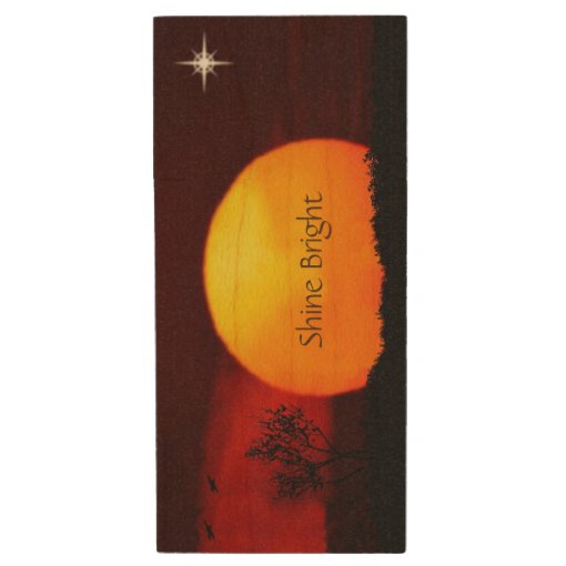 Shine bright calligraphy & sunrise on a jungle wood flash drive | Zazzle