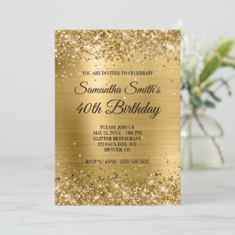 Shiny Gold Glitter Brushed Foil Monogram Birthday Invitation | Zazzle