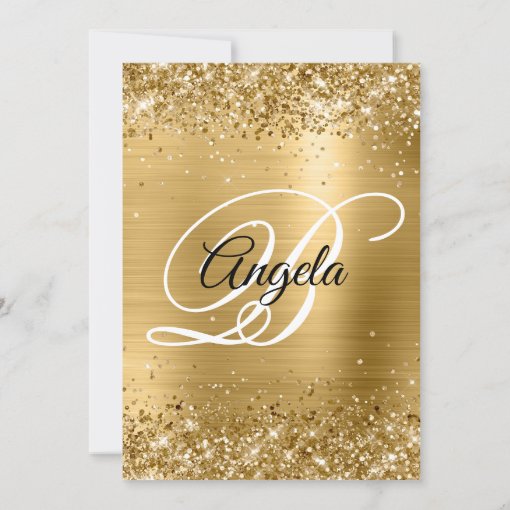Shiny Gold Glitter Brushed Foil Monogram Birthday Invitation | Zazzle