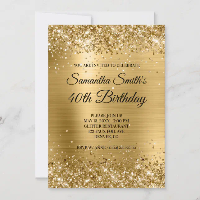 Shiny Gold Glitter Brushed Foil Monogram Birthday Invitation | Zazzle