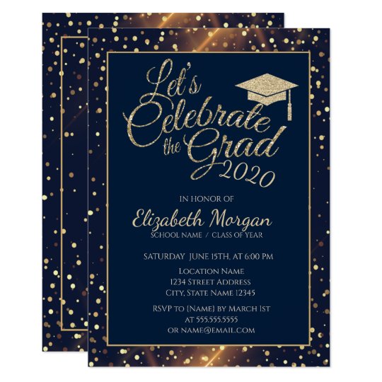 Shiny Gold Glitter Graduation Cap, Dots,Navy Blue Invitation | Zazzle.com
