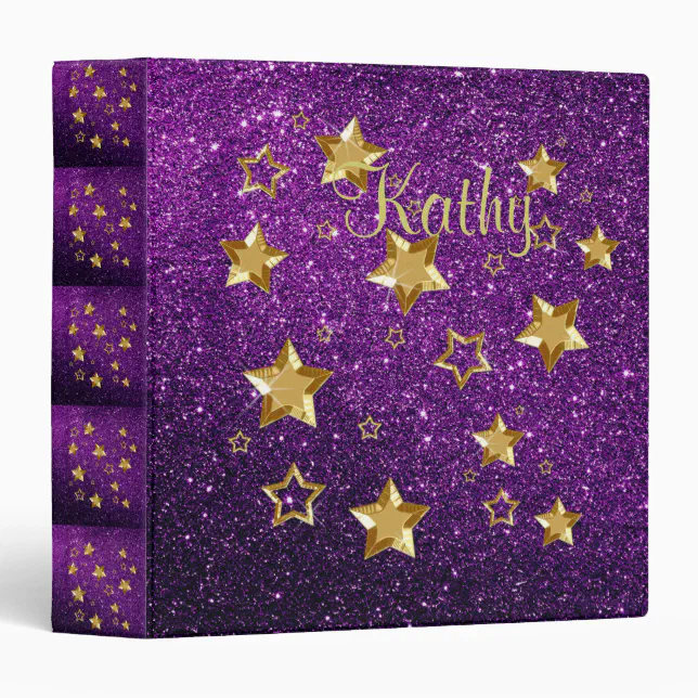 Shiny Gold Stars Purple Glitter Custom Binder | Zazzle