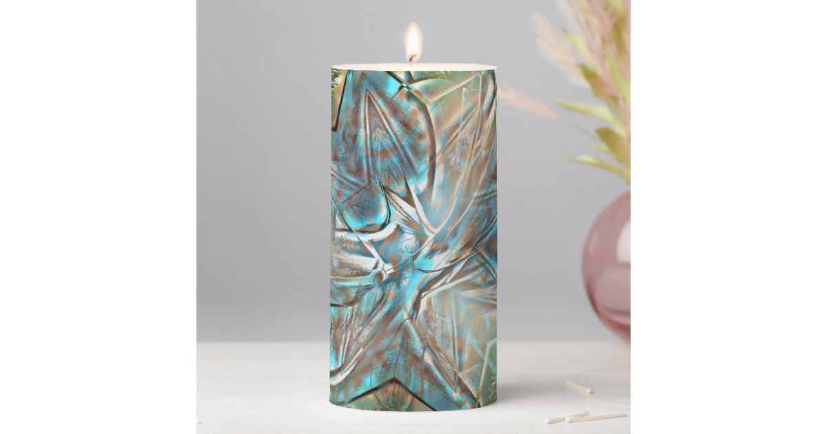 Shiny green & blue flower on pixel drizzle texture pillar candle | Zazzle