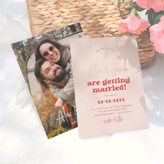 Shiny Groovy Sparkle 70s Pink & Red Photo Wedding Foil Invitation | Zazzle
