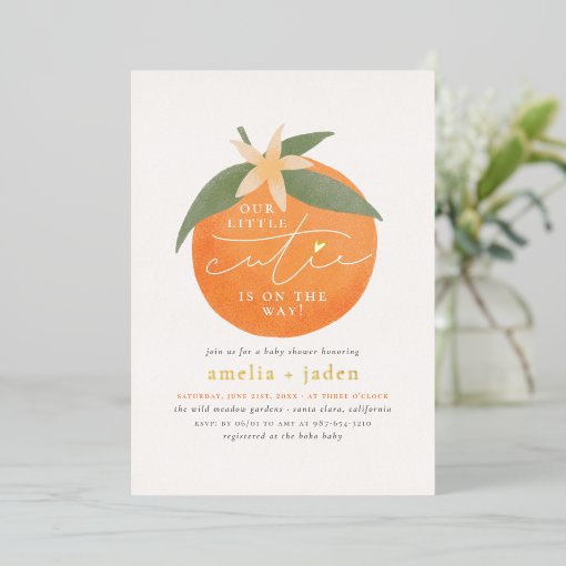 Shiny Little Cutie Orange Couple's Baby Shower Foil Invitation | Zazzle