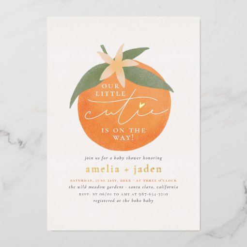 Shiny Little Cutie Orange Couple's Baby Shower Foil Invitation | Zazzle