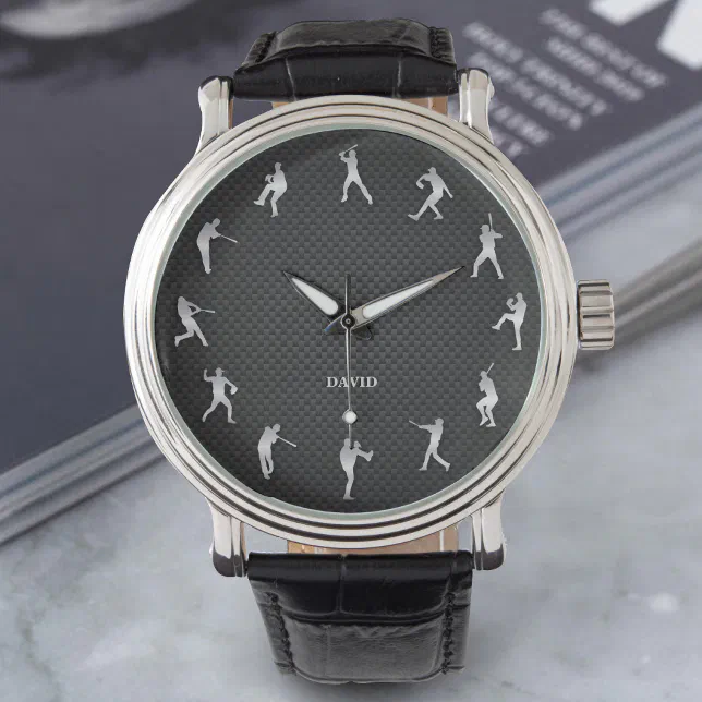 Shiny Metal Silver Baseball Player Monogram Watch | Zazzle