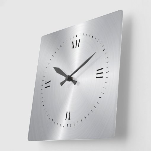 Shiny Metallic Gray-Stainless Steel Look Square Wall Clock | Zazzle