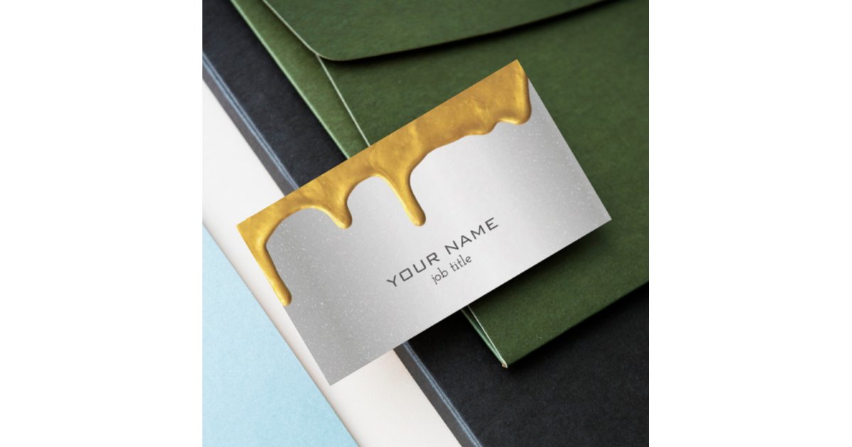 Shiny Metallic Silver Gold Drips Fancy Business Card | Zazzle