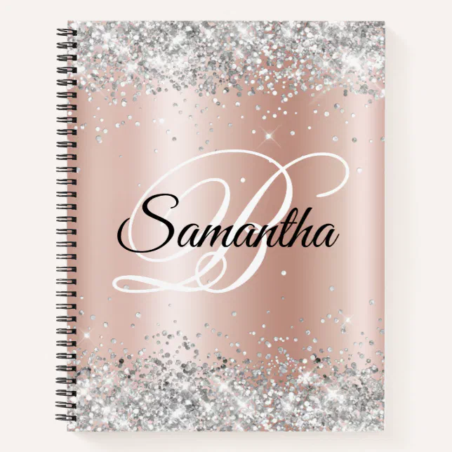 Shiny Silver Glitter Pale Rose Gold Foil Monogram Notebook | Zazzle