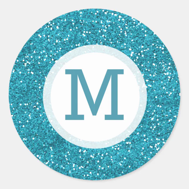 Shiny Turquoise Blue Glitter Monogrammed Classic Round Sticker | Zazzle