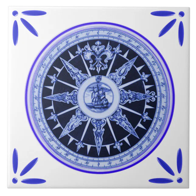 Ship and Compass Marine Vintage-Delft-Blue-Look Tile | Zazzle