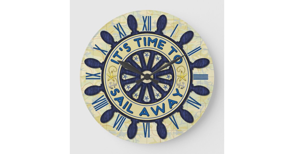 Ship Helm Wood Wheel Blue Nautical Sail Away Map Large Clock | Zazzle