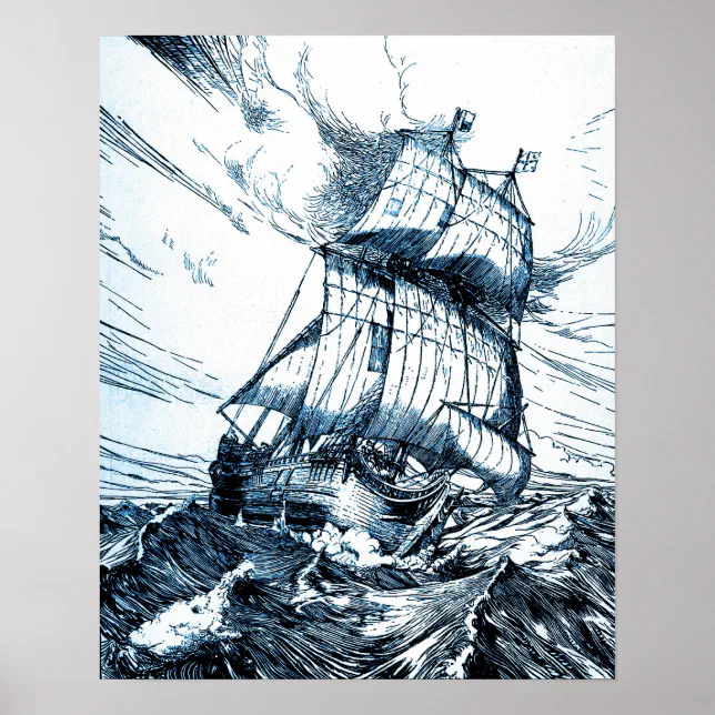 Ship Sailing Nautical Ocean Waves Poster | Zazzle