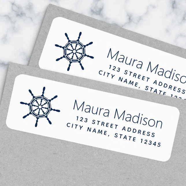 Ship's wheel dark blue white return address label | Zazzle