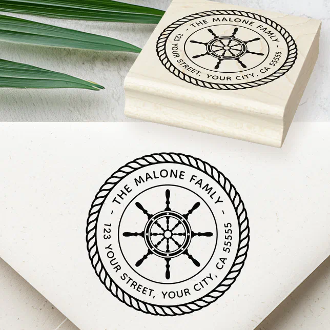 Ship's wheel rope border nautical return address rubber stamp | Zazzle