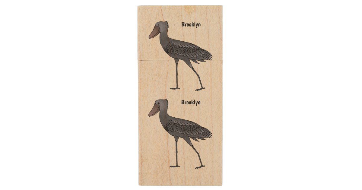 Shoebill bird cartoon illustration wood flash drive | Zazzle