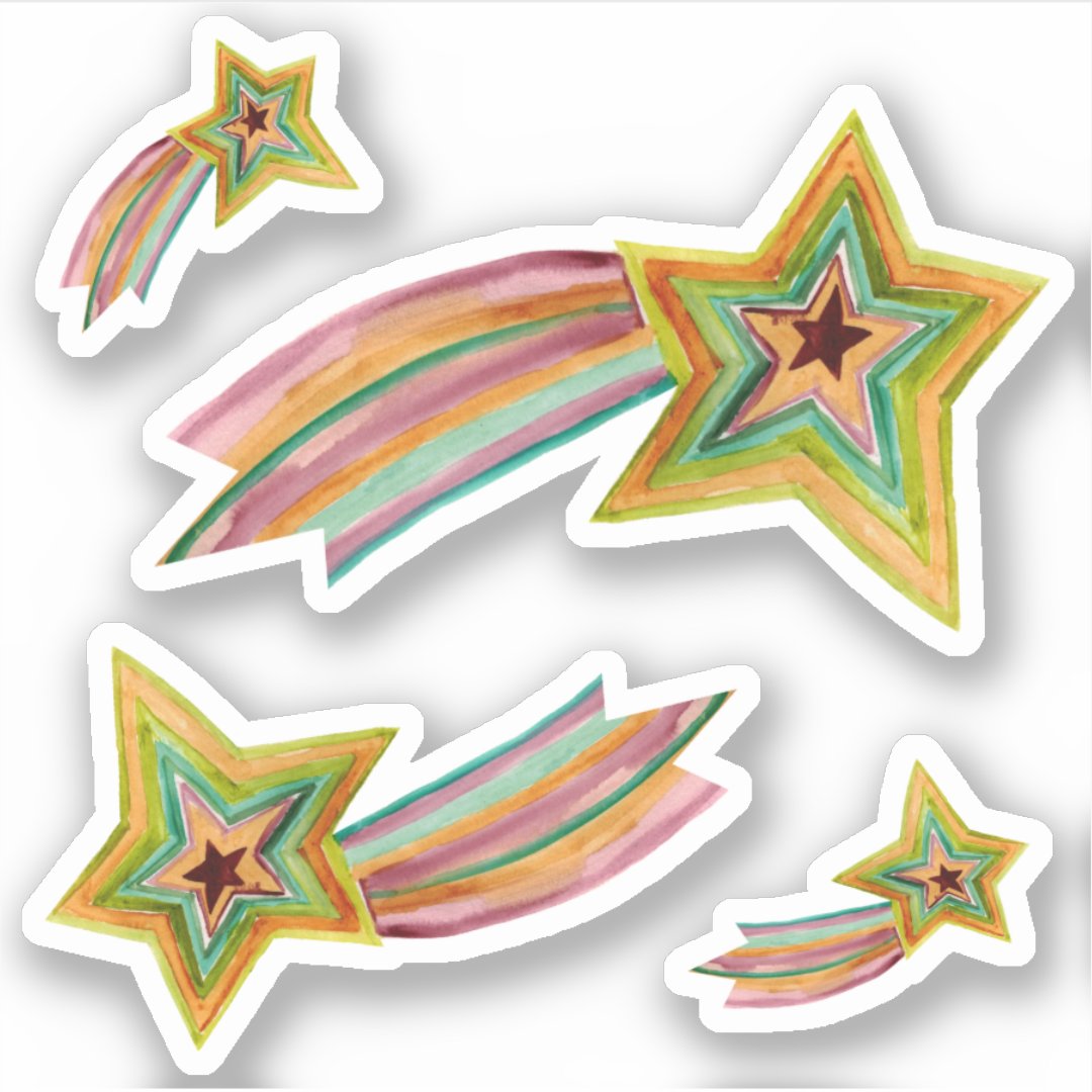 Shooting Stars Watercolor Pink Purple Yellow Green Sticker | Zazzle