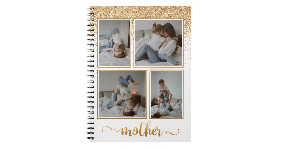 Shower of Gold Glitter 4 Photo Collage New Mom Notebook | Zazzle