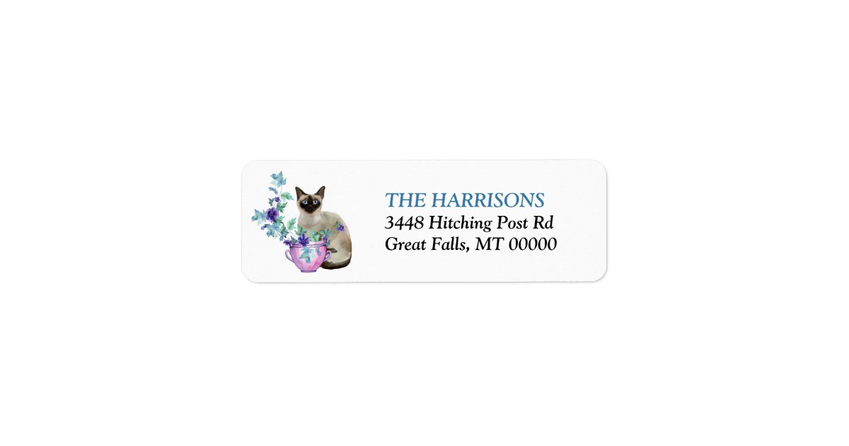 Siamese Cat Blue Flowers Return Address Label | Zazzle