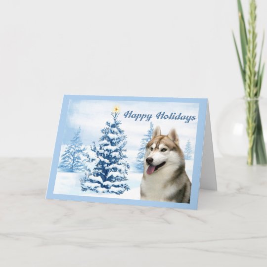 Siberian Husky Christmas Card Blue Tree | Zazzle.com