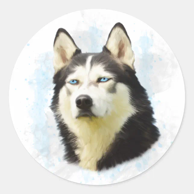 Siberian Husky Dog Water Color Art Painting Classic Round Sticker | Zazzle