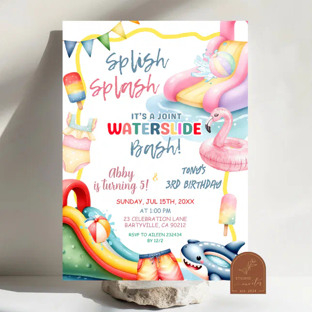 Sibling Backyard Waterslide Birthday Bash Invitation | Zazzle