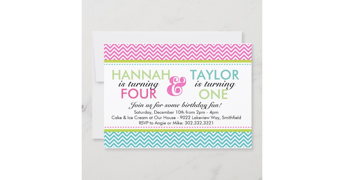 Sibling Chevron (Girls) Birthday Party Invitation | Zazzle