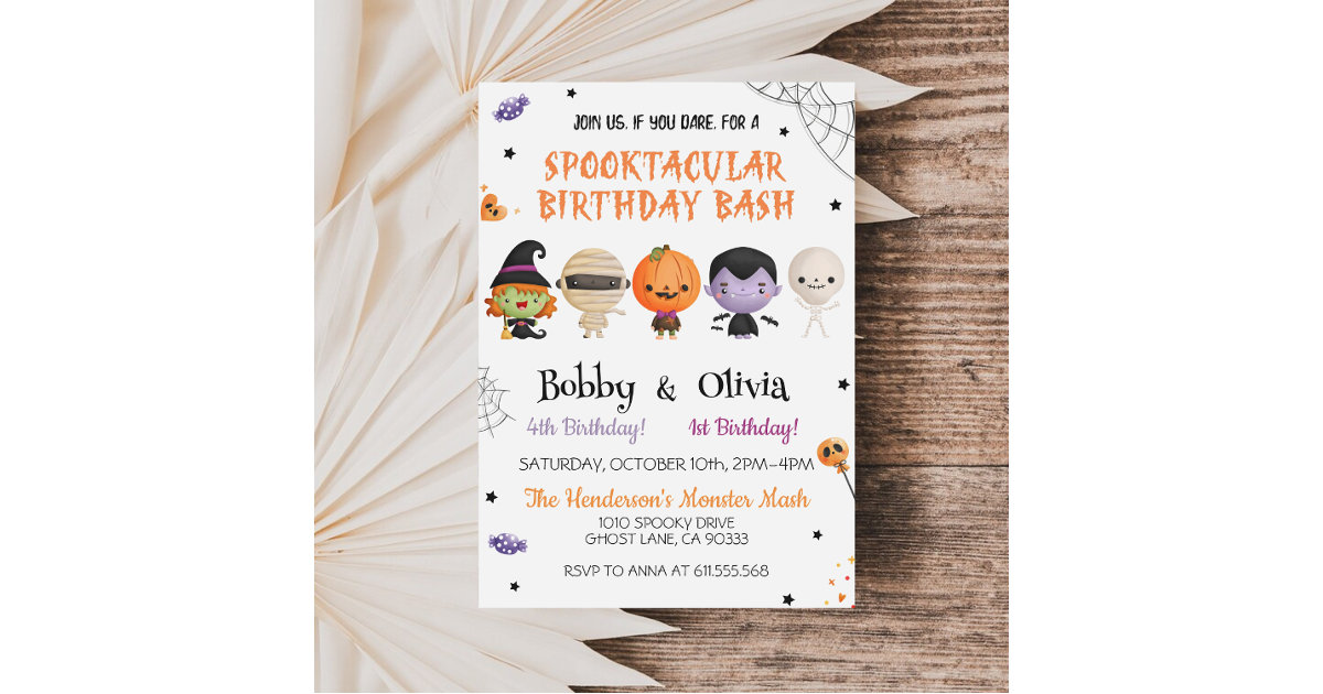 Sibling Halloween Birthday Spooktacular Bash Invitation | Zazzle