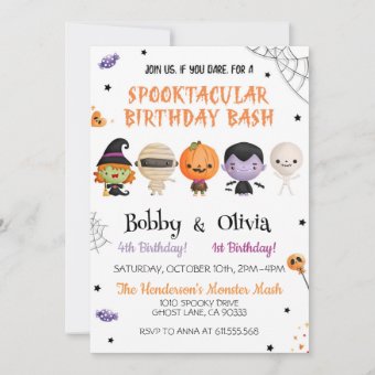 Sibling Halloween Birthday Spooktacular Bash Invitation | Zazzle