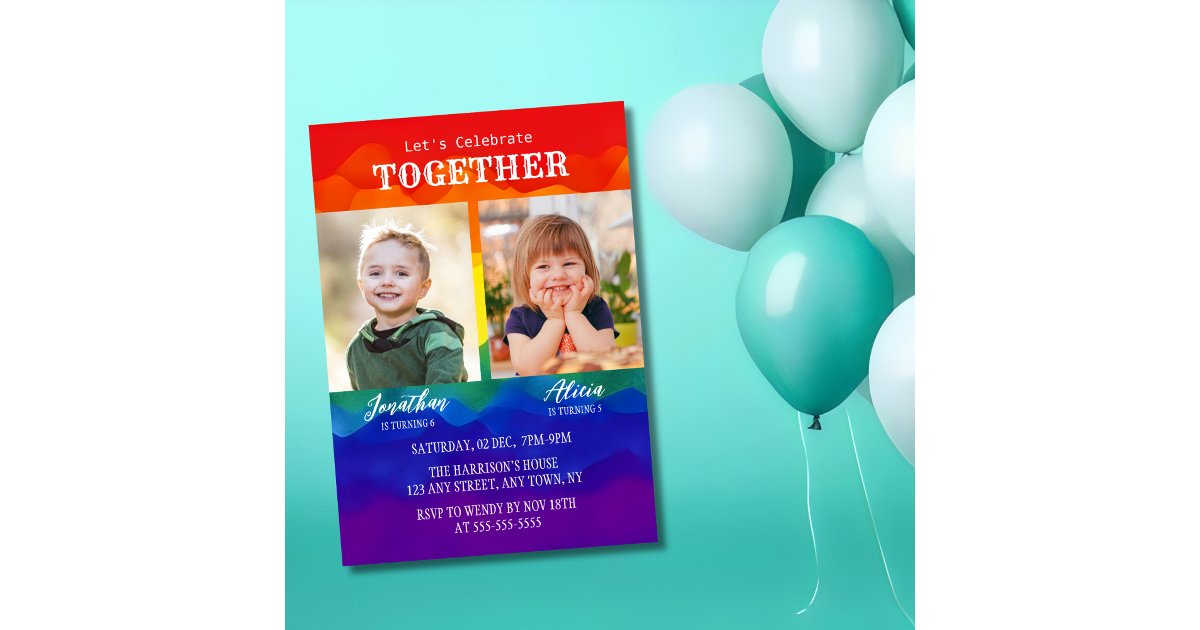 Sibling Photo Colorful Rainbow Joint Birthday Invitation | Zazzle