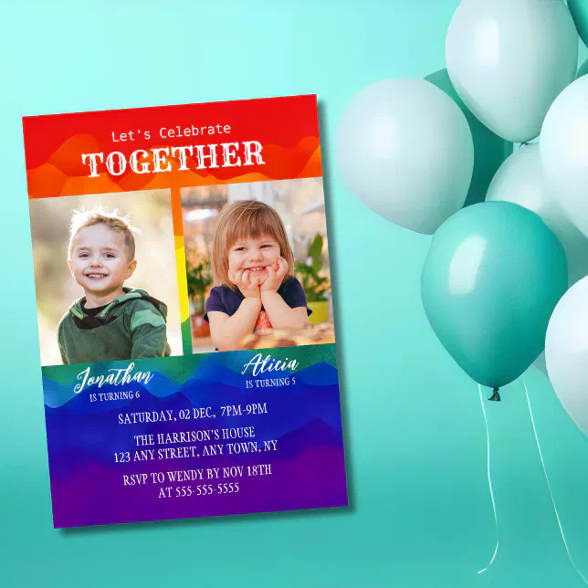 Sibling Photo Colorful Rainbow Joint Birthday Invitation | Zazzle