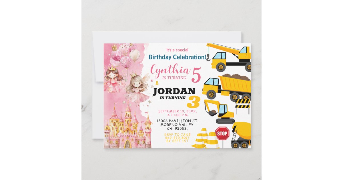 Sibling Princess and Construction Joint Birthday Invitation | Zazzle