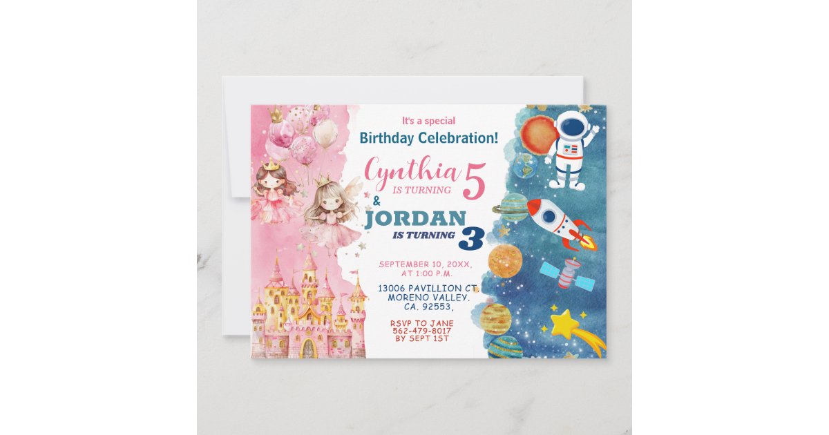 Sibling Princess and Outer Space Joint Birthday Invitation | Zazzle